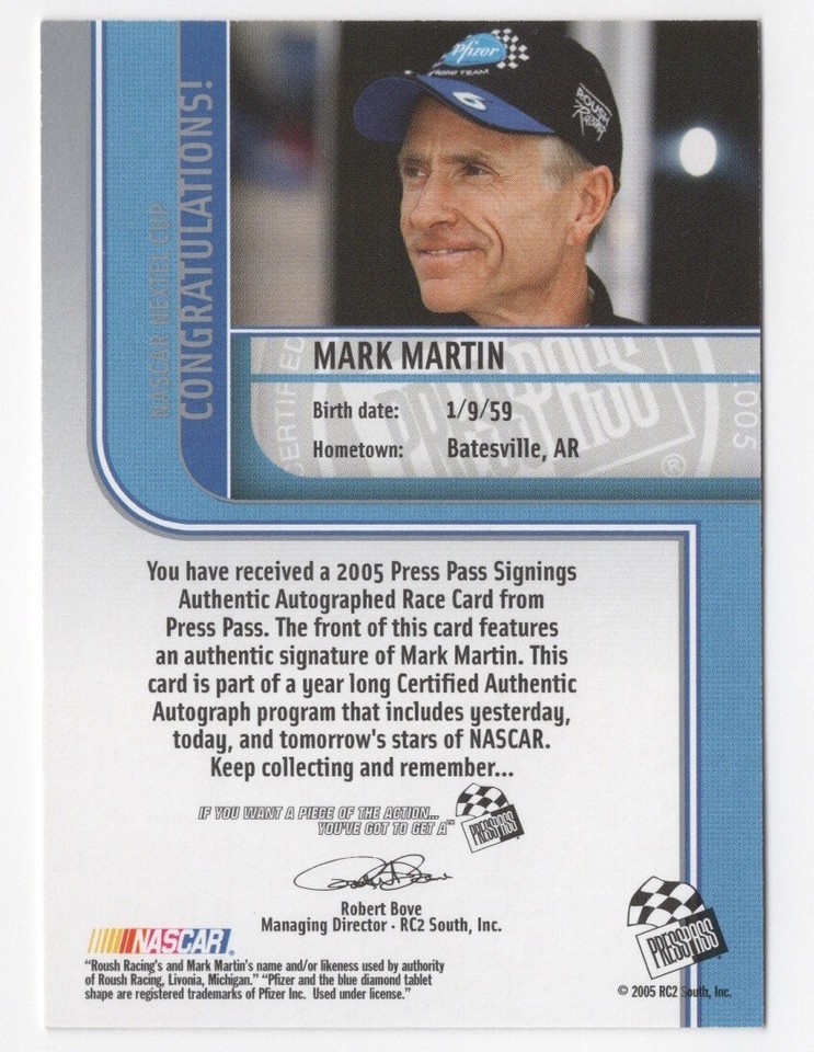 Mark Martin 2005 Press Pass Signings NASCAR Autograph Card Auto ...
