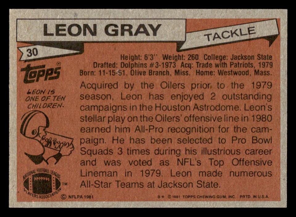 Leon Gray Houston Oilers 1981 Topps #30 | eBay