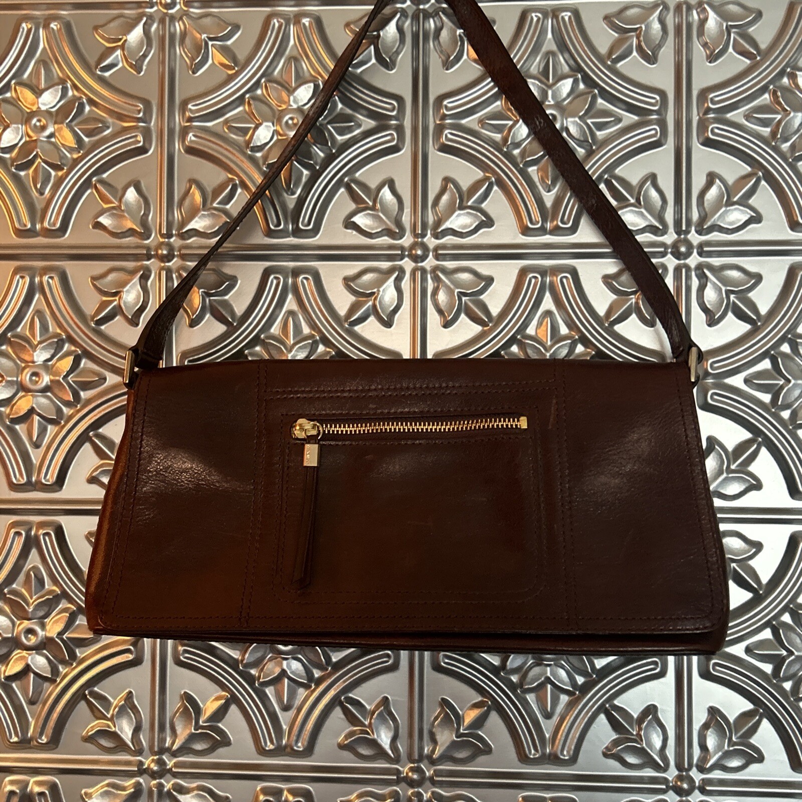 Vintage ELLEN TRACY Brown Leather Baguette Purse Hand… - Gem