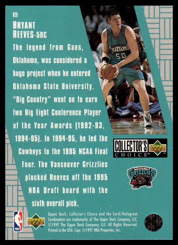 1997 Collector's Choice Bryant Reeves #R28 Vancouver Grizzlies Card | eBay
