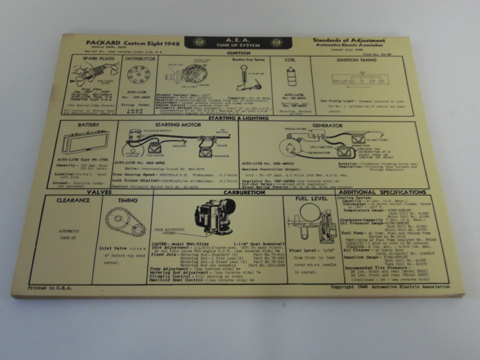 packard custom eight 1948 model 2206, 2233 AEA Tune Up Chart Sheet | eBay