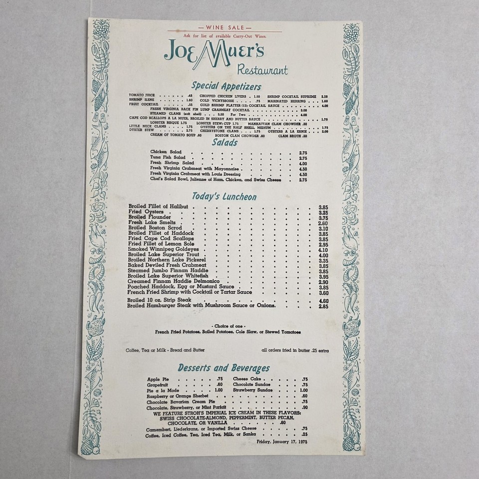 Vintage Joe Muers Menu Lot Of 4 1970s Famous Detroit Michigan Seafood ...