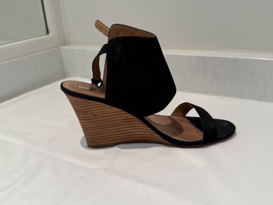 Halogen Clarette Ankle Strap Open Toe Wedge Shoes Heels Black Suede ...