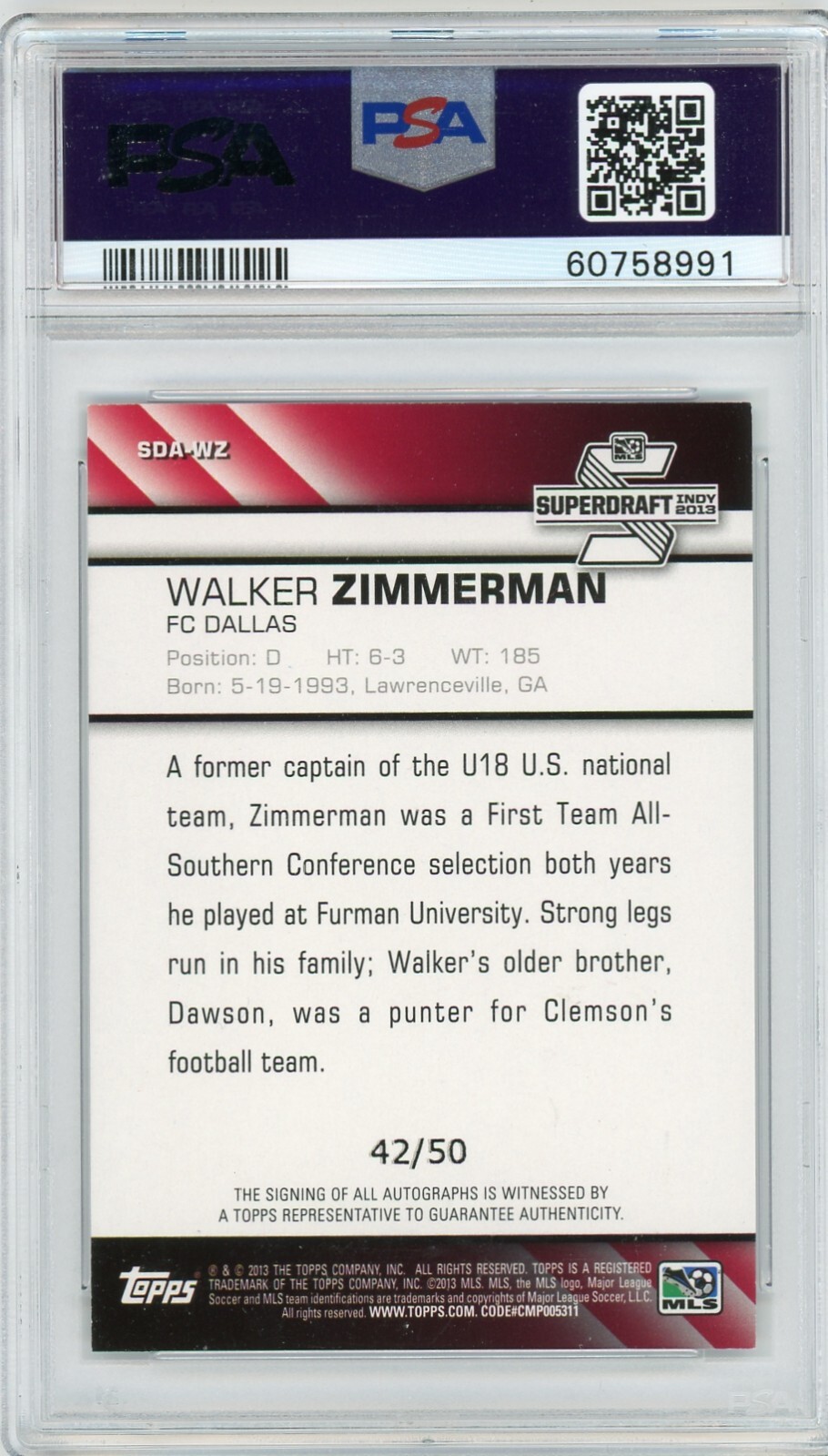 2013 TOPPS MLS WALKER ZIMMERMAN AUTO ROOKIE CARD RC /50 PSA 8 USA WORLD ...