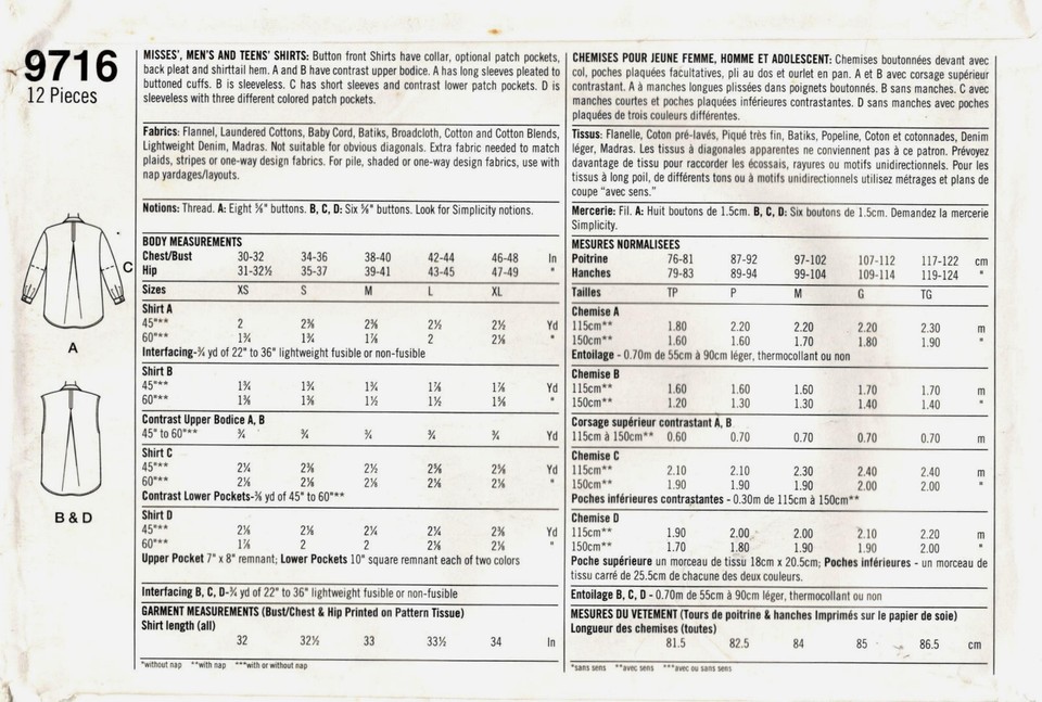 Simplicity 9716 Shirt Unisex Sewing Pattern Uncut Size XS S M | eBay