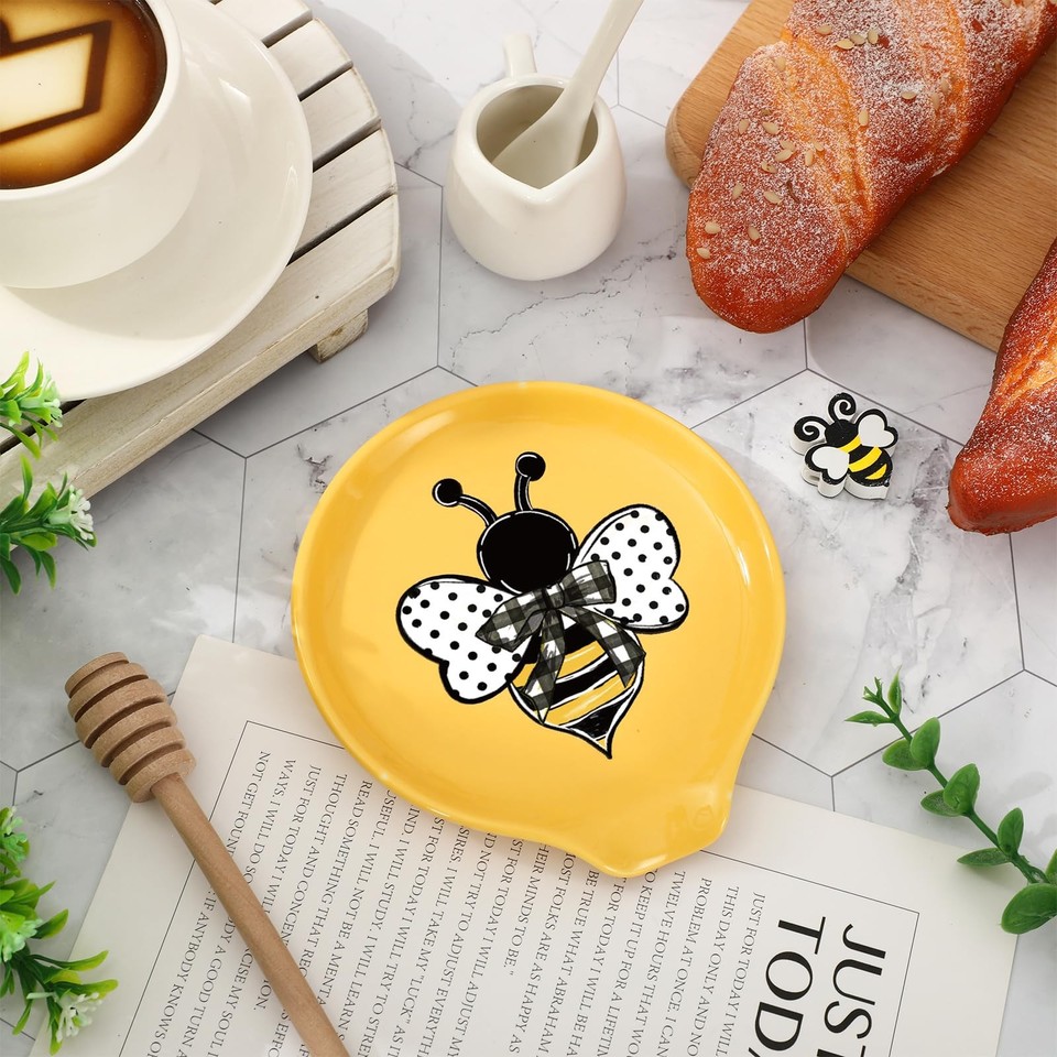 4.7inch Summer Bee Spoon Rest Yellow Black Plaid Dot Bee Small Coffee ...