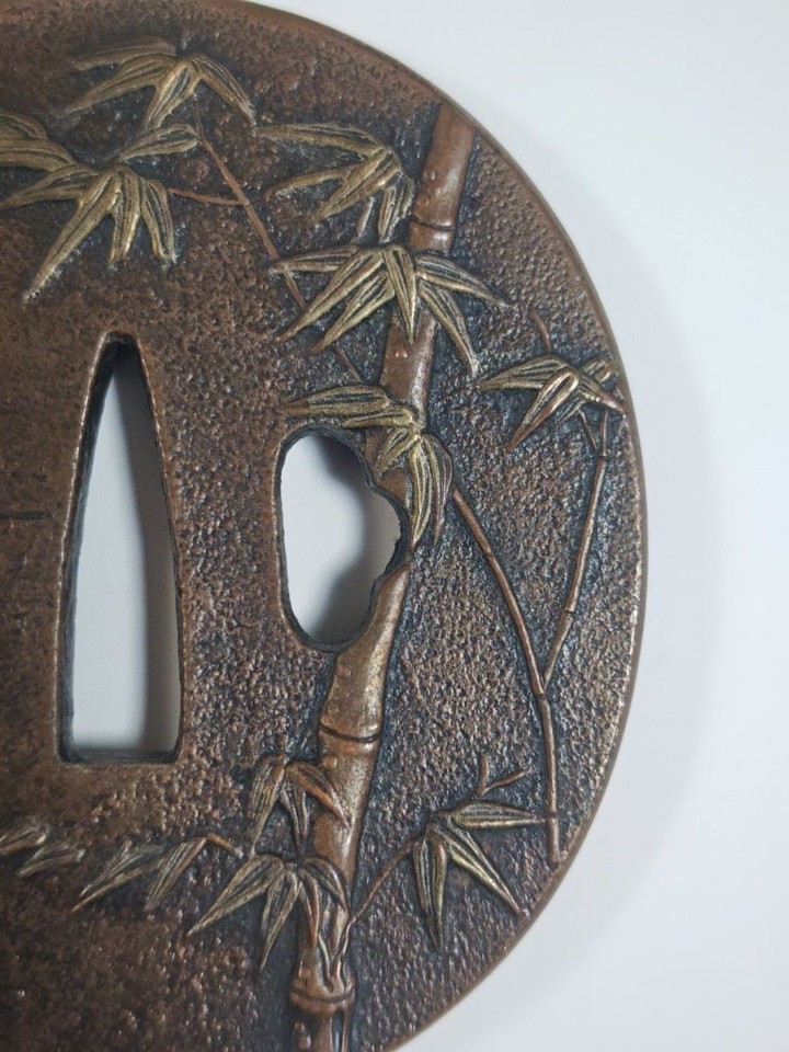 Antique tsuba copper base Dragonfly on bamboo design color painting ...