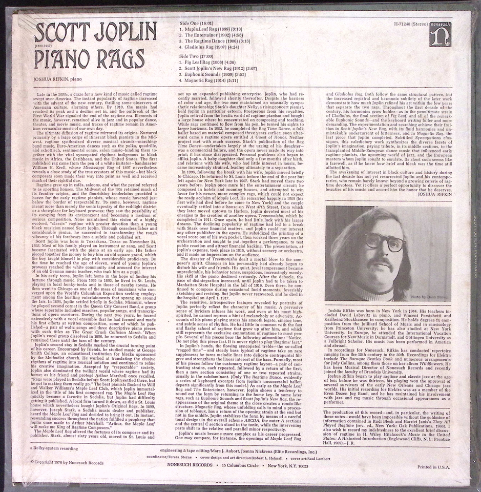 JOSHUA RIFKIN PIANO RAGS BY SCOTT JOPLIN NONESUCH RECORDS VINYL LP 164 ...