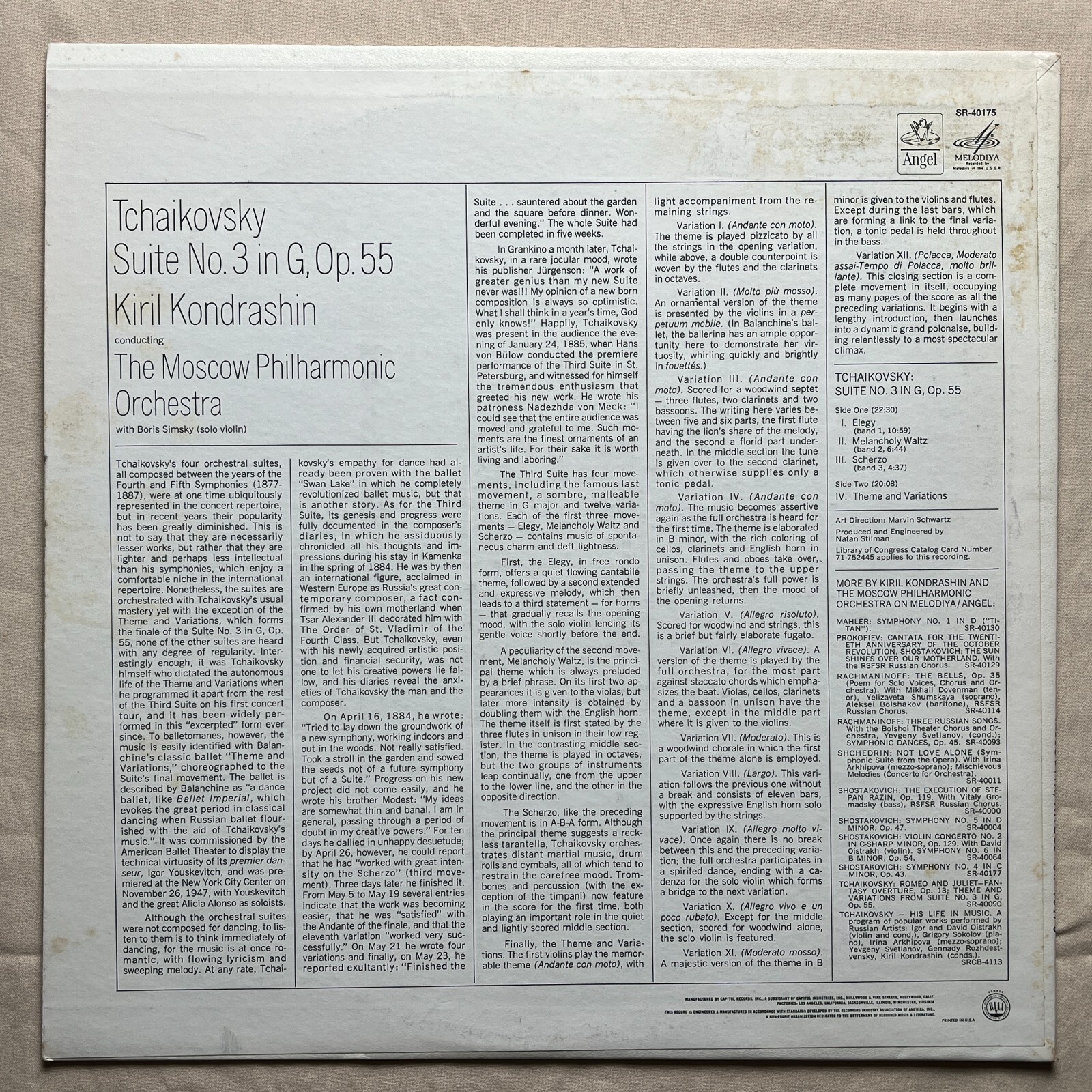 BORIS SIMSKY Tchaikovsky: Suite No.3 in G 1971 Vinyl LP Melodiya SR ...