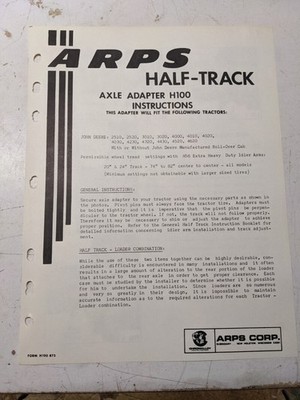 ARPS TRACTOR HALF-TRACK AXLE ADAPTER INSTRUCTIONS PARTS LIST H100 JOHN ...