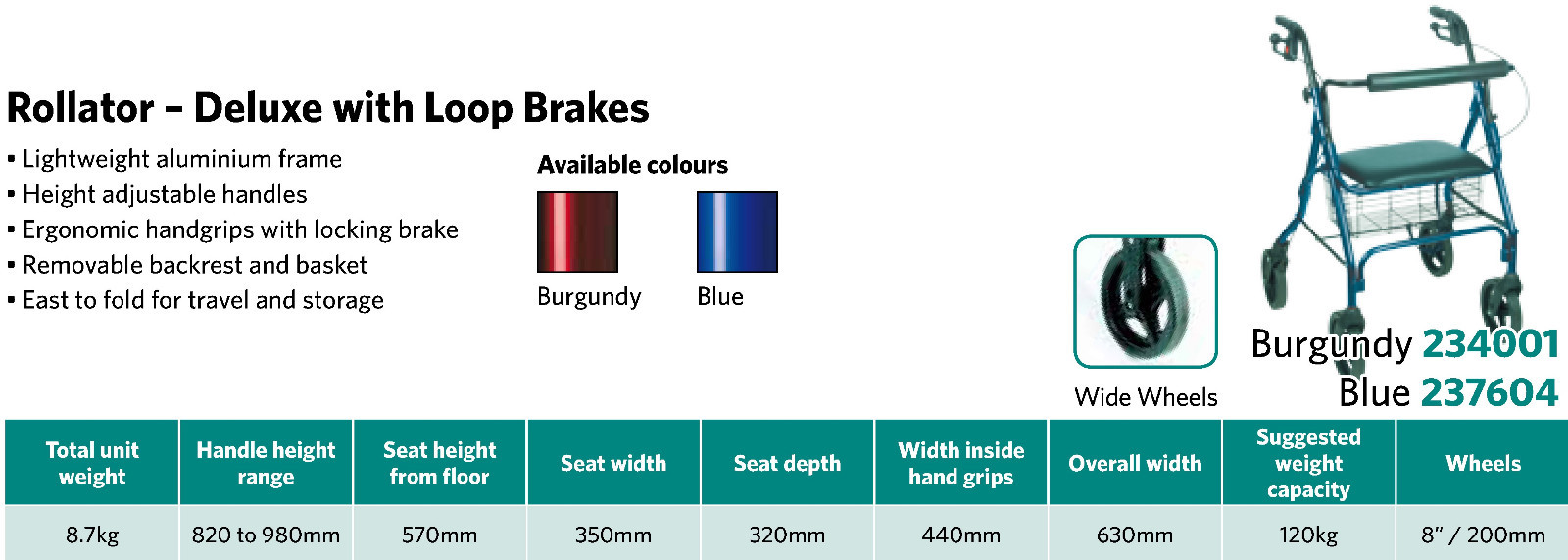 MLE ROLLATOR ALUMINUM DELUXE LOOP BRAKE BLUE FOLDING WALKER HEIGHT ...