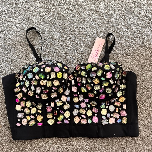 Lydia USA Rhinestone Beaded Push Up Bustier Bra Crop Top Large NEW | eBay