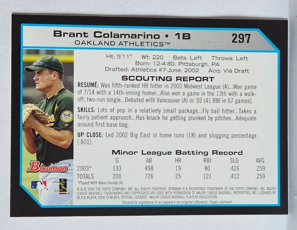 2004 Bowman #297 Brant Colamarino FY RC Oakland Athletics | eBay