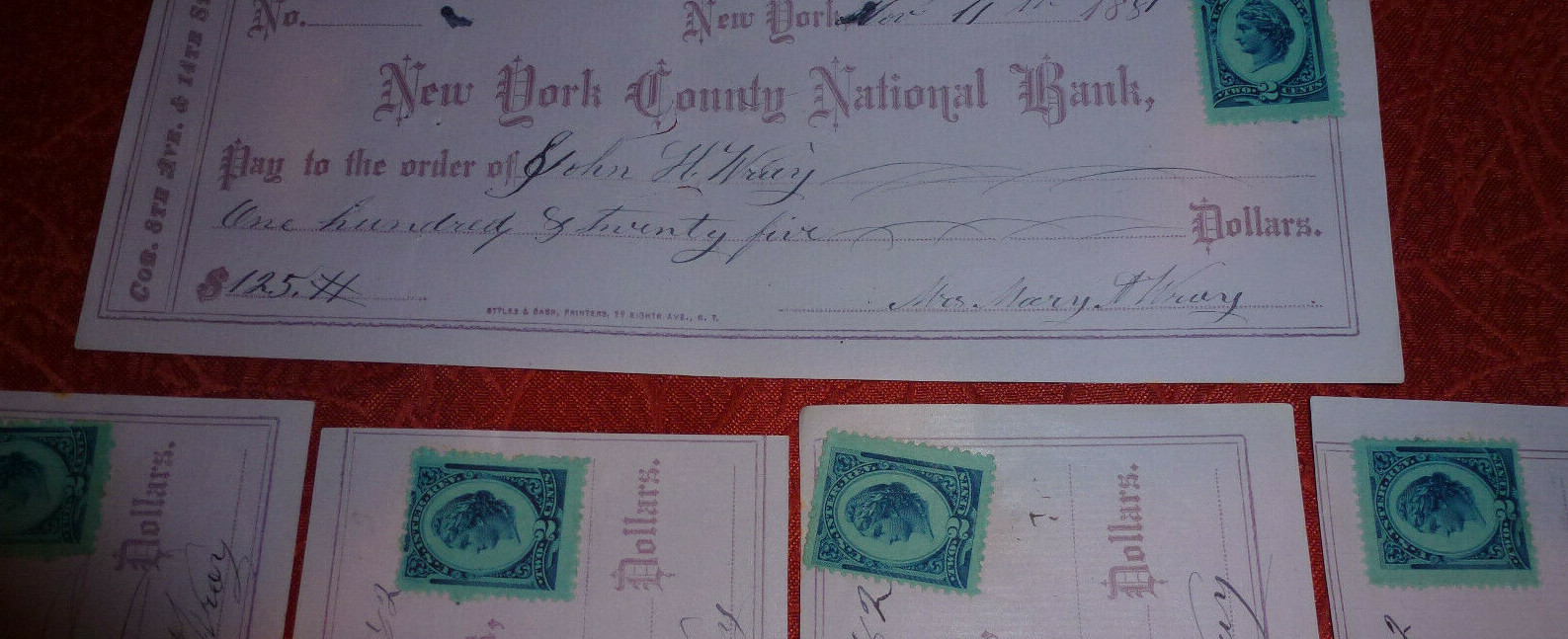 Lot of 4 New York County National Bank Checks With 2 cent stamps 1881 ...