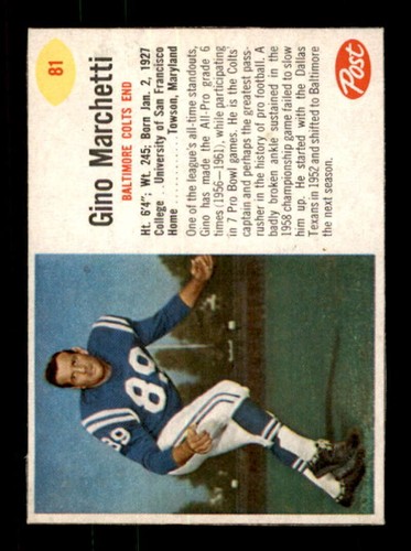 1962 Post Cereal #81 Gino Marchetti EXMT/EXMT+ Colts 559214 | eBay