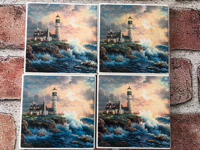 Set of 4 ~ Lighthouse Theme Coasters Painted Stone Art Nautical Coastal ...
