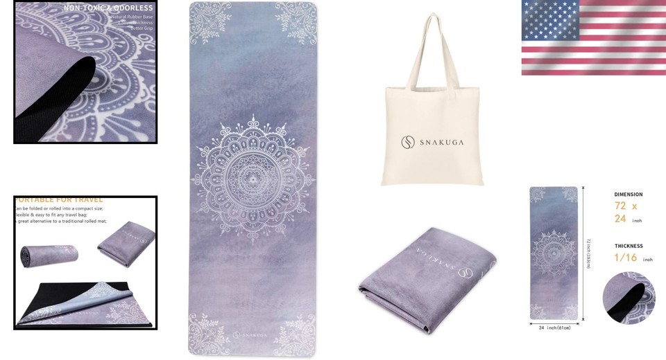 Ultra-Thin Travel Yoga Mat with Carry Bag - 72'' x 24'' Non-Slip Suede ...