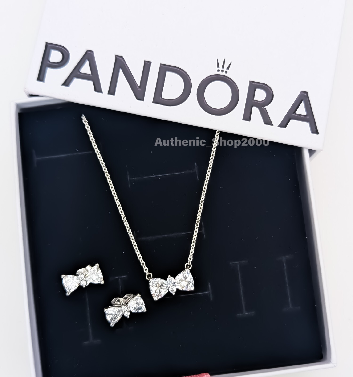 100% Authentic PANDORA 925 Sparkling Bow Stud Earrings Necklace Gift ...