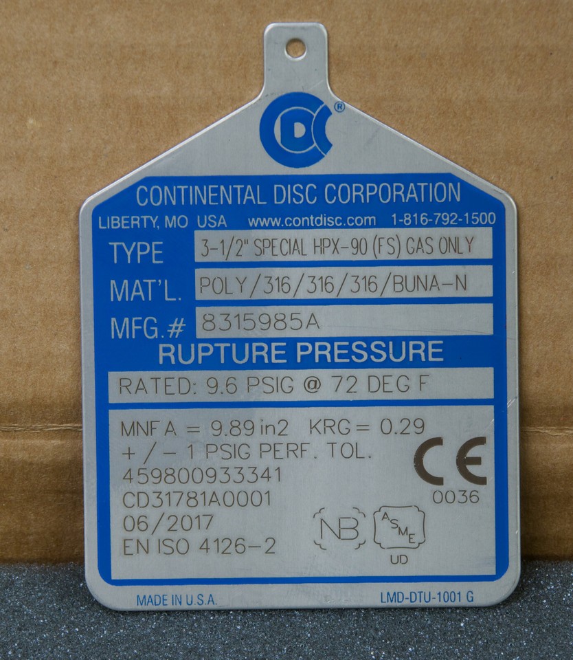 Continental Disc 3-1/2" Special HPX Rupture Disc (R6) | eBay