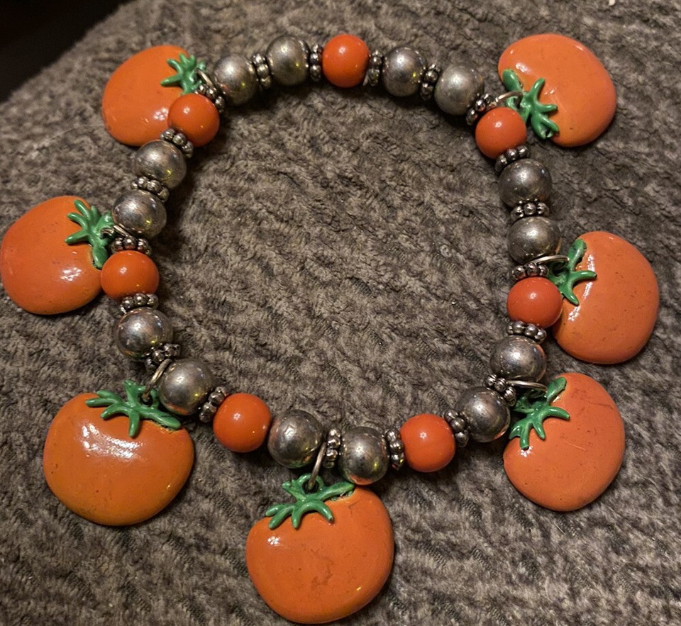 Orange And Silver Tone Bead Stretch Bracelet With Orange Enamel Tomato Charms | eBay