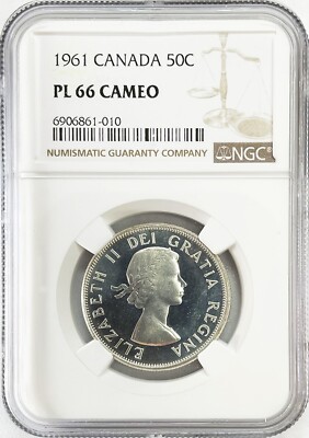 1961 SILVER CANADA 50 CENTS QUEEN ELIZABETH II COIN NGC PROOF LIKE 66 ...