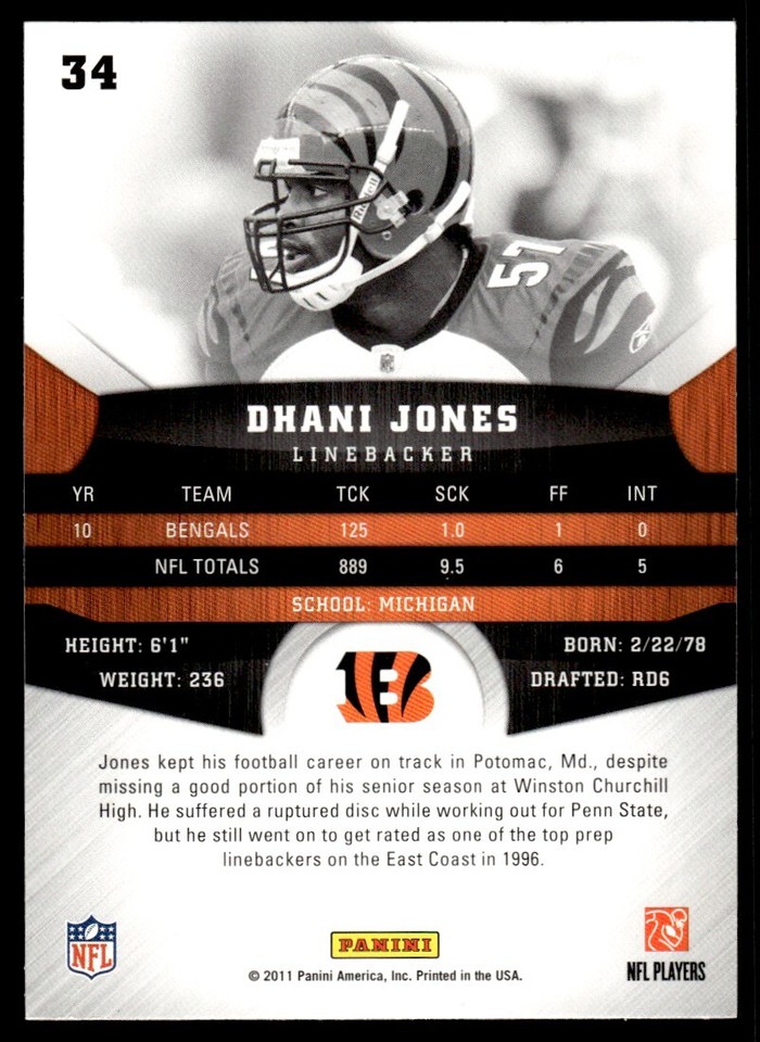 2011 Panini Gridiron Gear Dhani Jones Cincinnati Bengals #34 | eBay