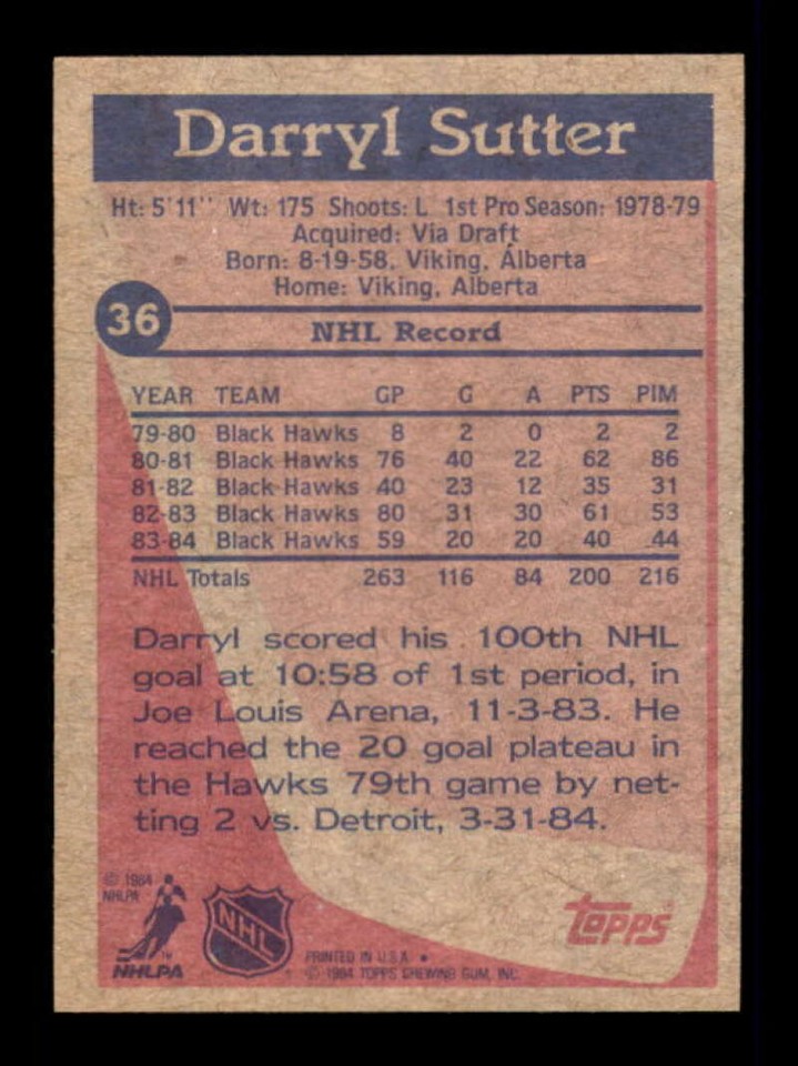 1984-85 Topps #36 Darryl Sutter NM/NM+ Blackhawks 245544 | eBay
