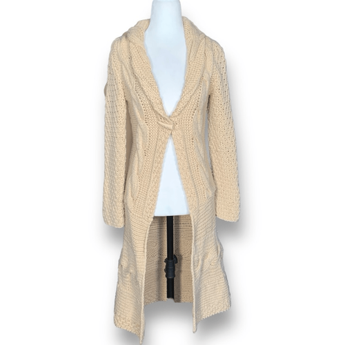 Bebe Cardigan Sweater Tan Longline Open Weave Shawl Collar Horn Button ...
