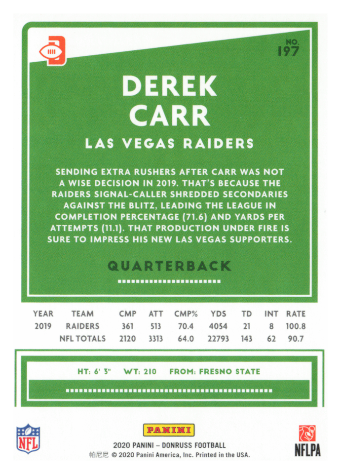 Derek Carr 2020 Donruss Press Proof Red Photo Variation SP #197 Raiders ...