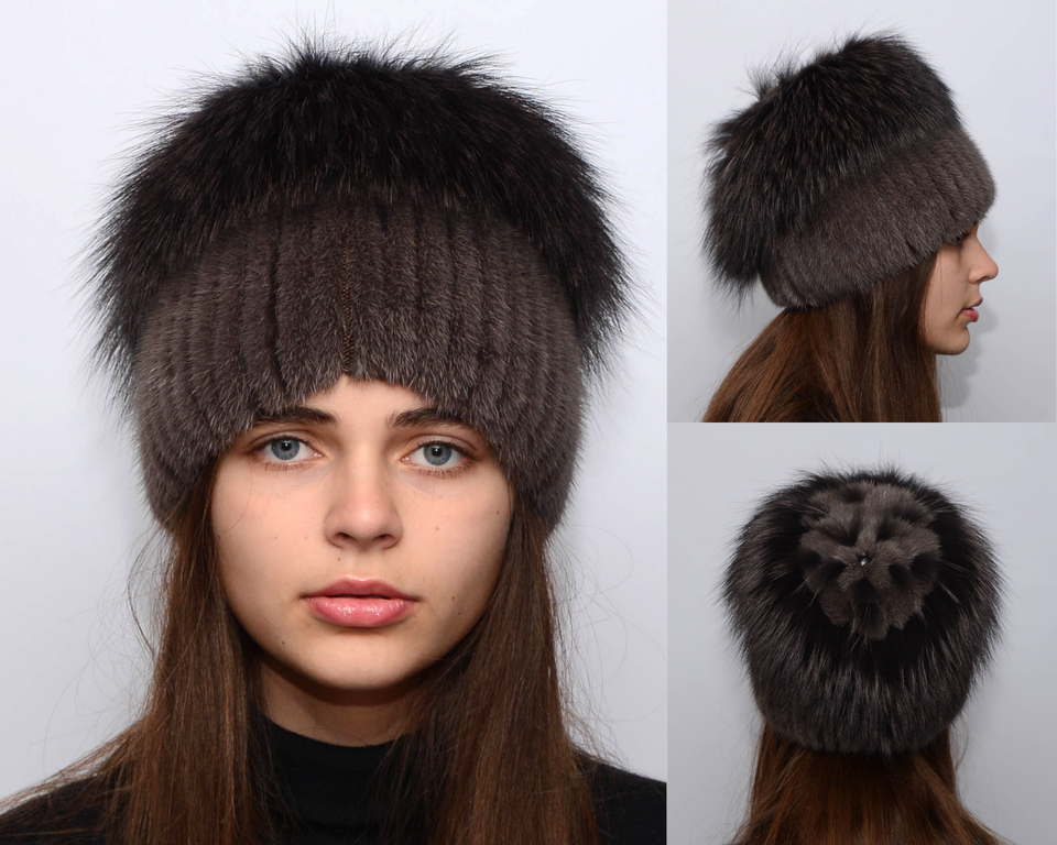 Womens Real Mink Fur Hat with Silver Fox Knit Winter Fur Hat Luxury ...