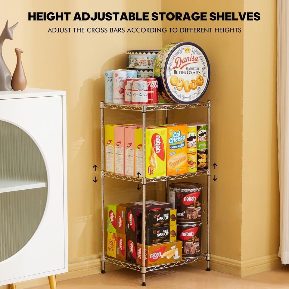 3-Tier Height-Adjustable Chrome Storage Rack and Shelving, Wire Shelf ...