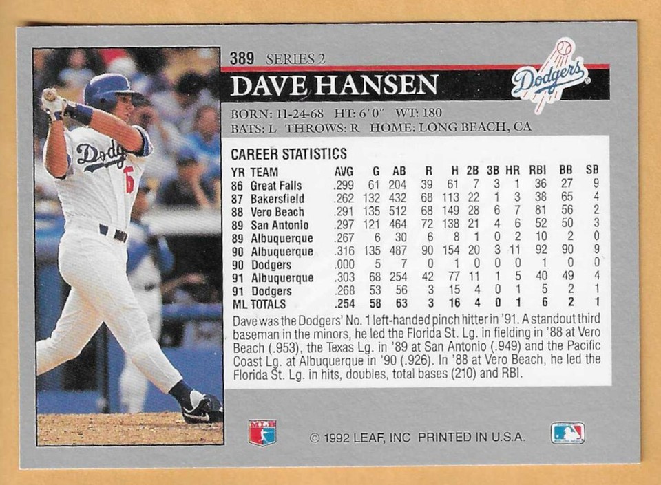 DAVE HANSEN LOS ANGELES DODGERS #389 no dot inc - LEAF NM-MT 1992 | eBay