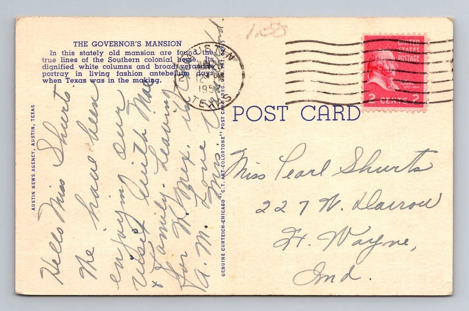 Austin TX-Texas Governor's Mansion Vintage c1952 Postcard Souvenir ...