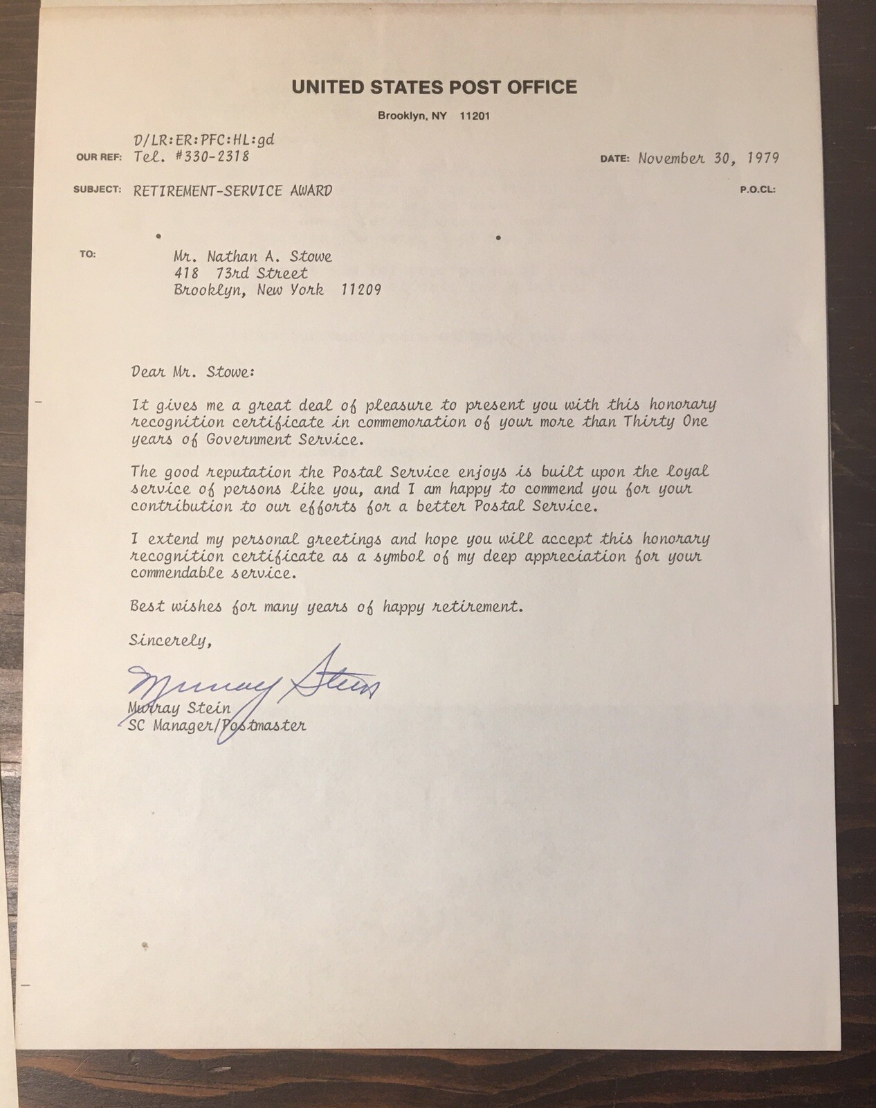 USPS United States Postal Service Award Nathan Stowe Murray Stein James ...