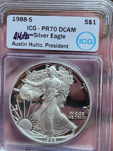 1988 S AMERICAN SILVER EAGLE--PERFECT ICG PROOF PF70 DCAM-SIGNED AUSTIN ...