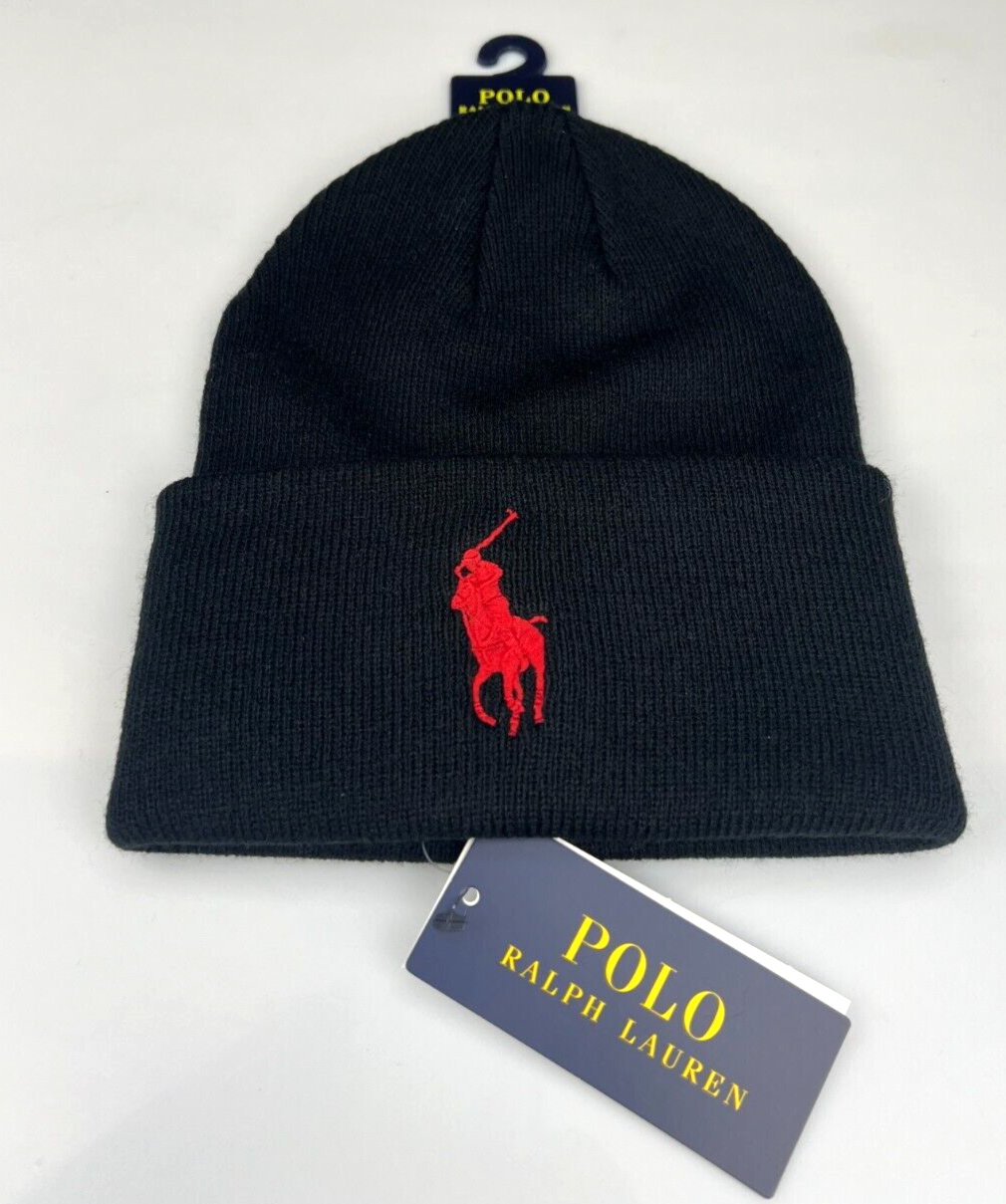POLO RALPH LAUREN PP0342 Men's Beanie Hat Black w/Red Logo NEW w/TAGS ...