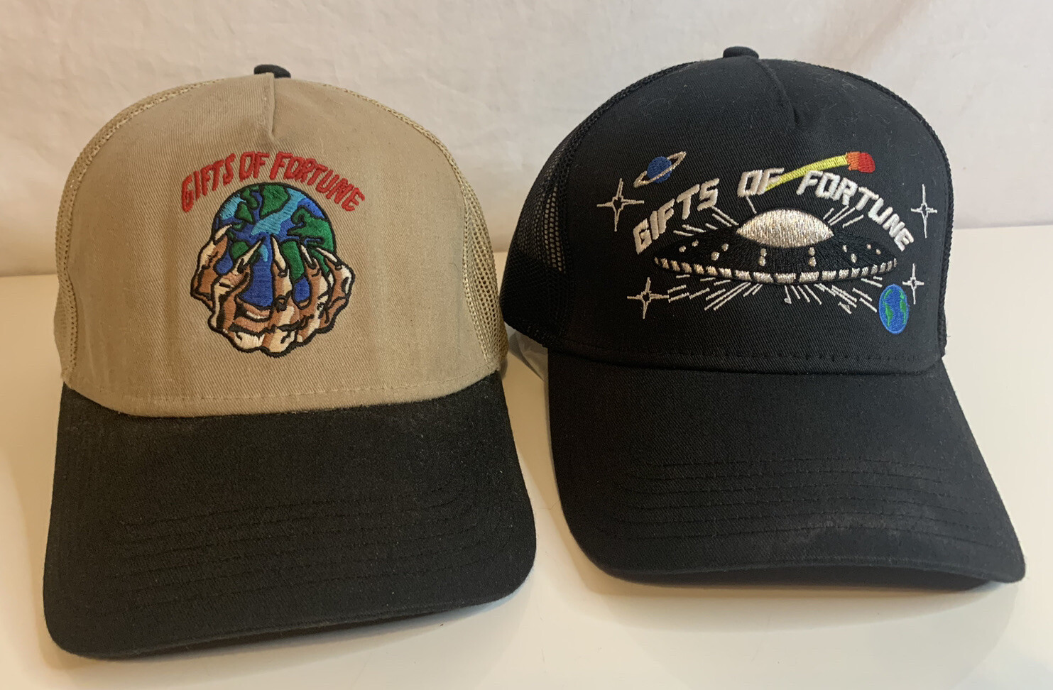 Gifts of Fortune Lot of (2) Snapback Hats Tan World Black UFO Mesh ...