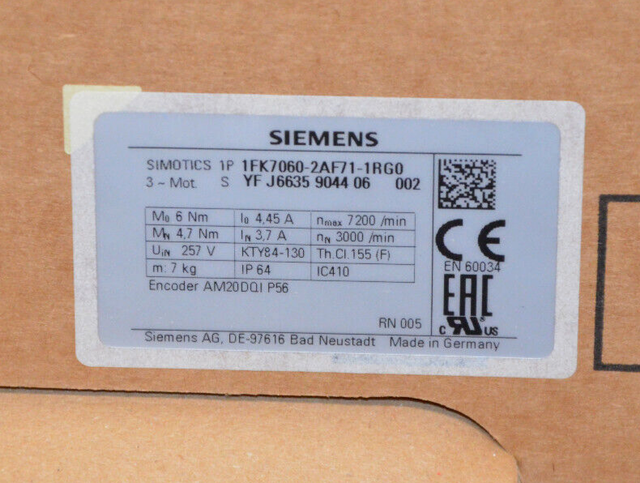 Siemens Servomotor Typ 1FK7060-2AF71-1RG0 SIMOTICS S-1FK7 Synchronmotor ...