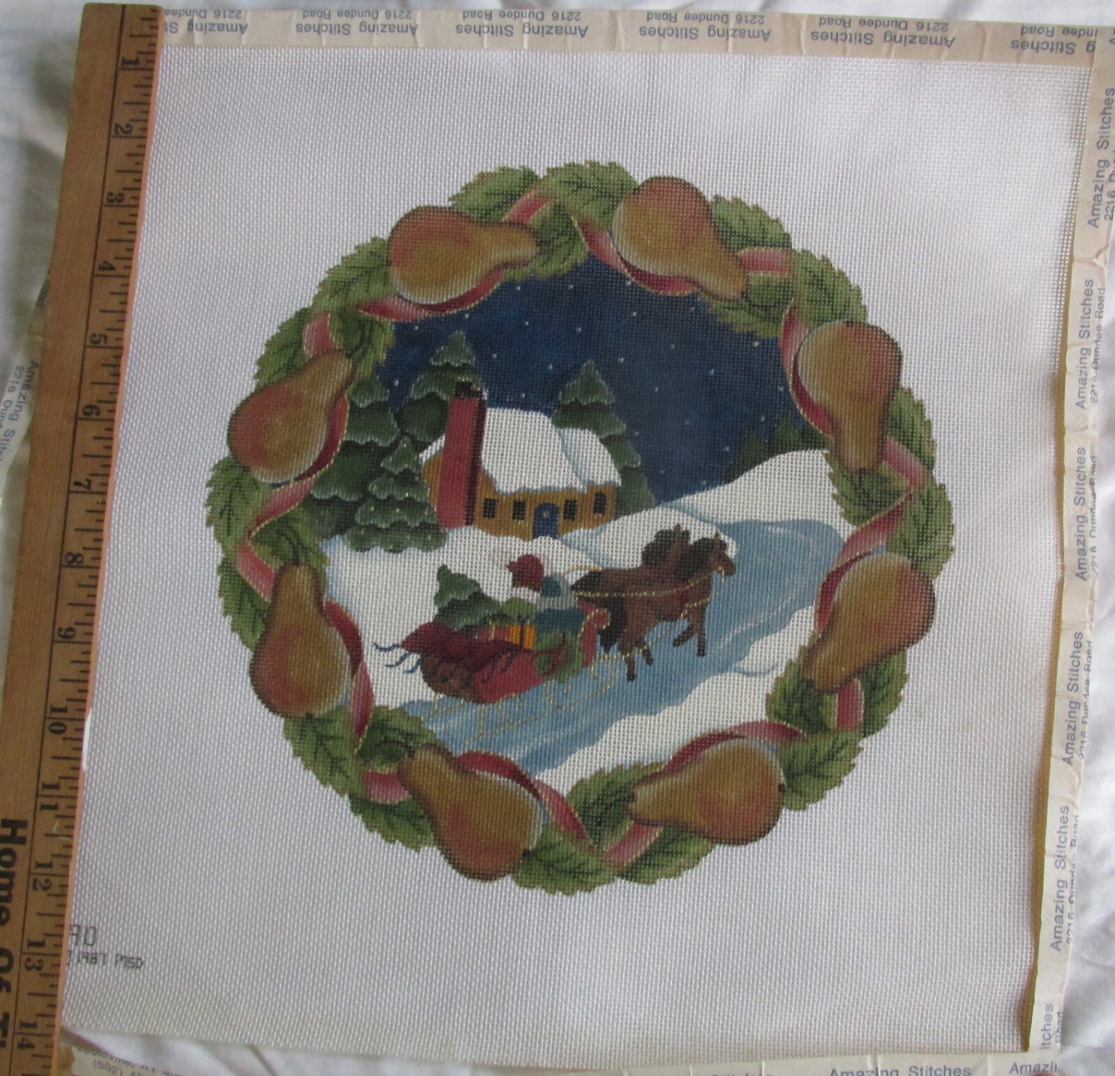 VTG Wreath Sleigh Pears MELISSA SHIRLEY HANDPAINTED NEEDLEPOINT CANVAS ...