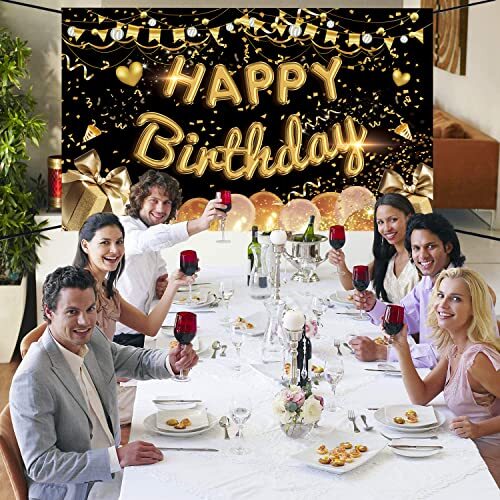 Happy Birthday Backdrop Banner Extra Large Fabric Black Gold Sign