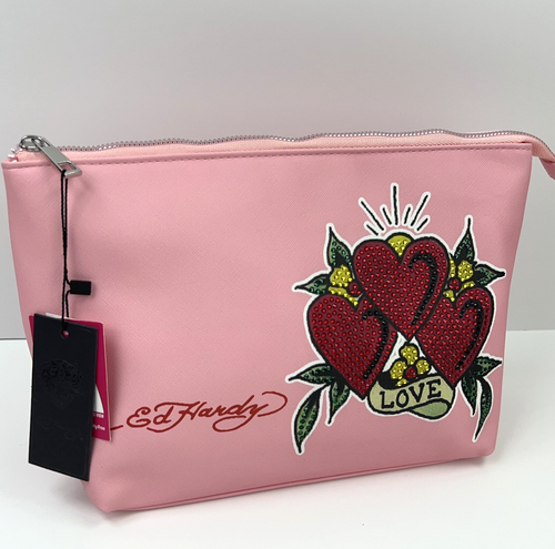 ED HARDY Makeup Bag PVC Toiletry Case Zip Rhinestone Heart Tattoo Love ...