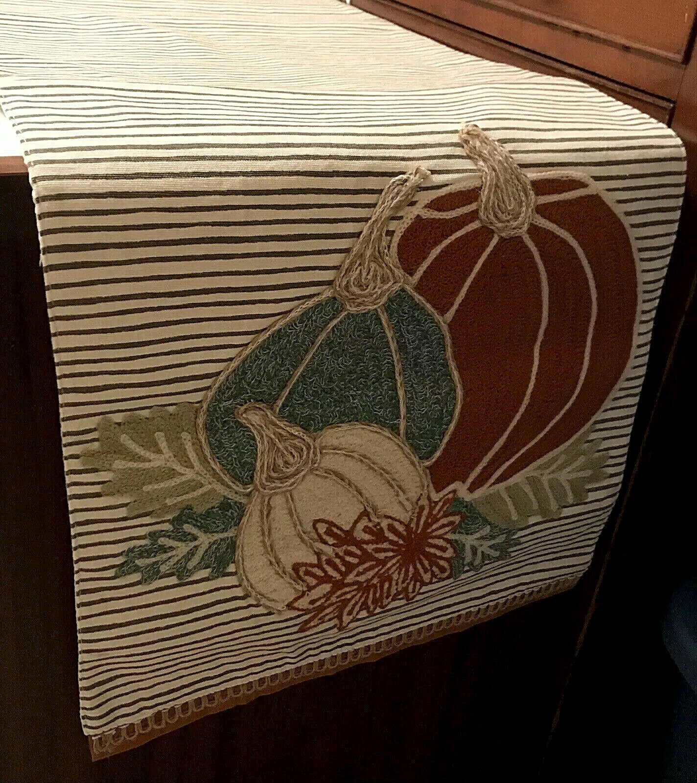 Fall Harvest Gray Striped Embroidered Pumpkins Table Runner 14”x72 ...