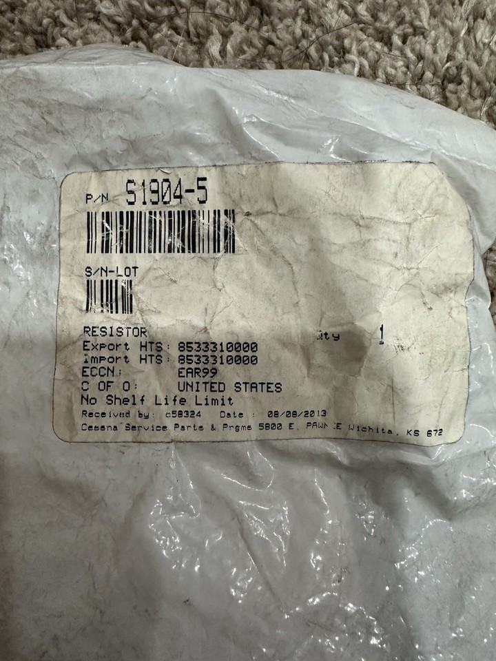 Cessna Resistor P/N S1904-5 | eBay