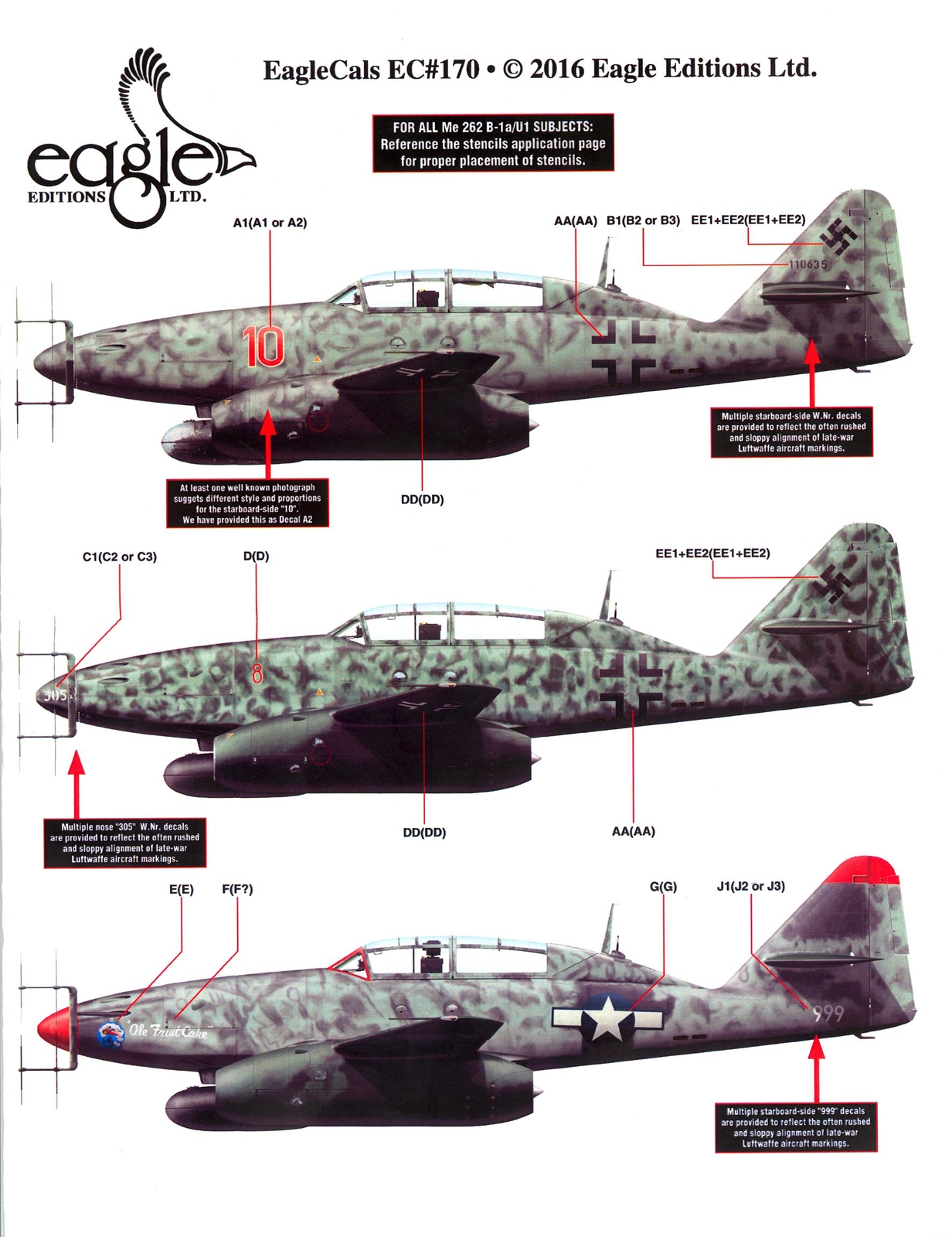 EagleCals Decals 1/32 MESSERSCHMITT Me-262B-1a & Me-262U1 Jet Fighters ...
