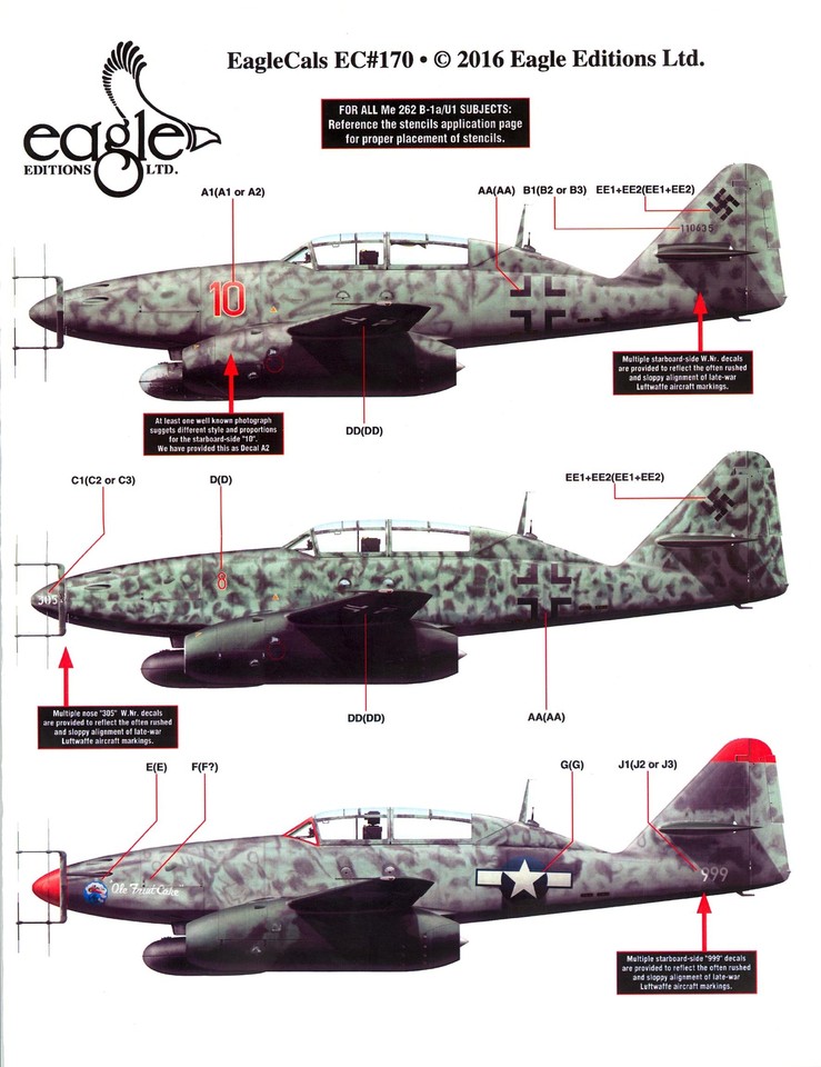 EagleCals Decals 1/32 MESSERSCHMITT Me-262B-1a & Me-262U1 Jet Fighters ...