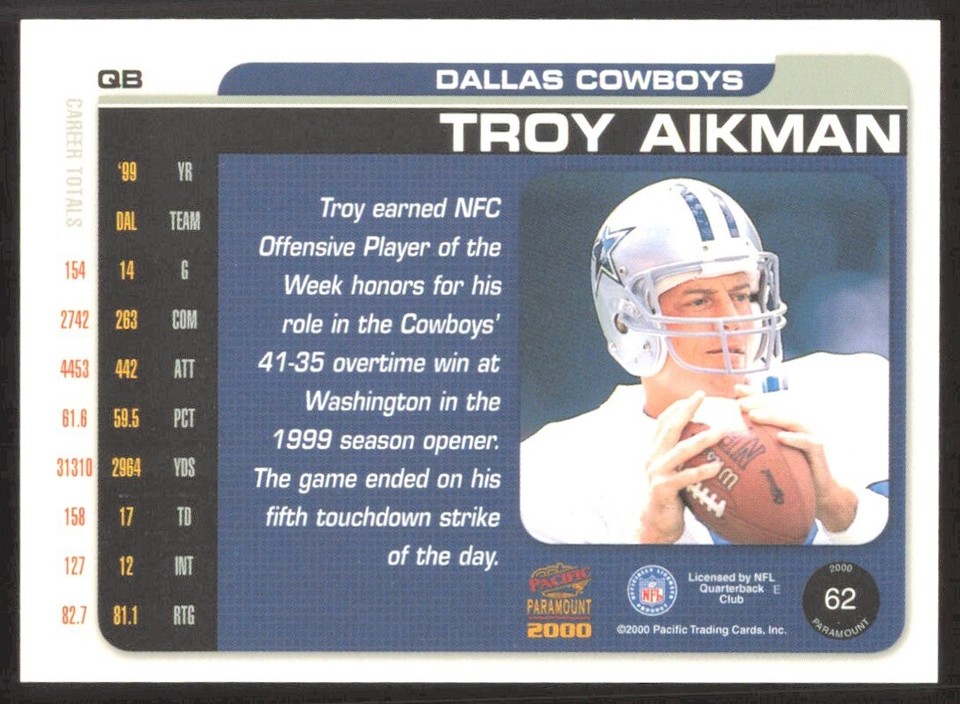 2000 Pacific Paramount Troy Aikman Dallas Cowboys #62 | eBay