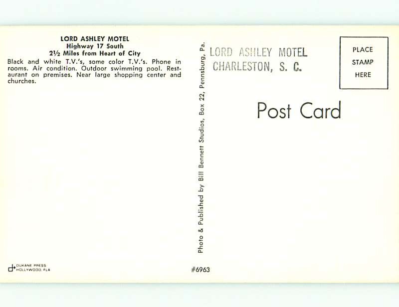Unused Pre-1980 LORD ASHLEY MOTEL Charleston South Carolina SC : 60k ...