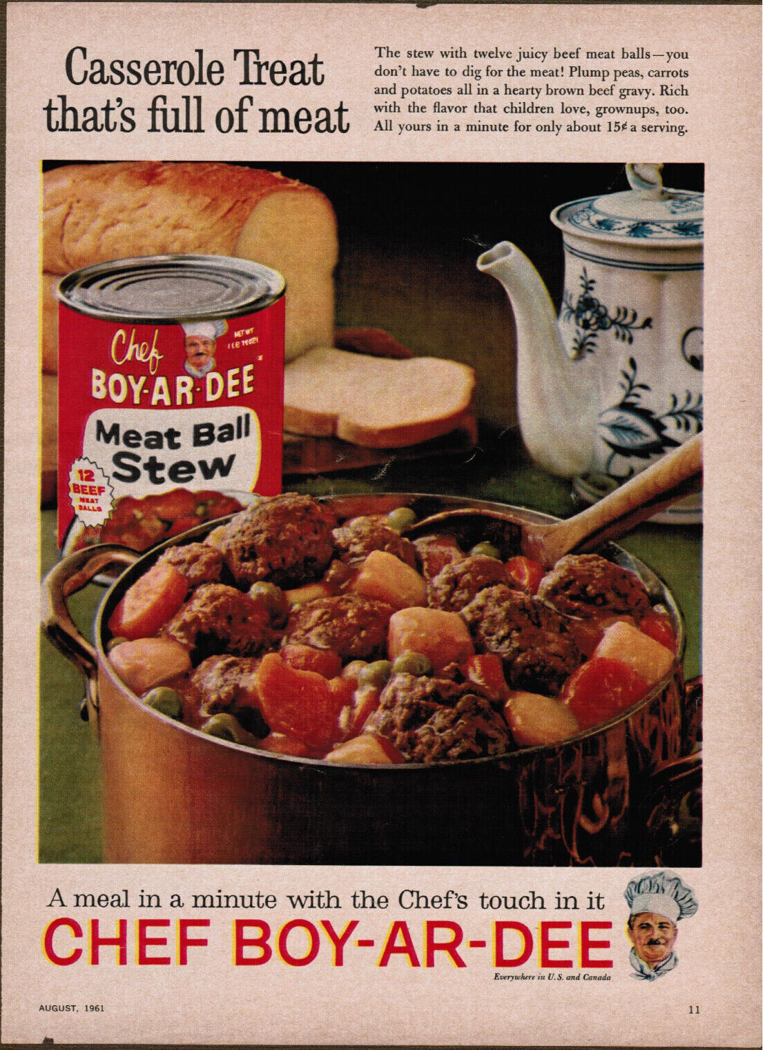 Chef Boy-Ar-Dee Meat Ball Stew Vintage Magazine Print Ad Original 1961 ...