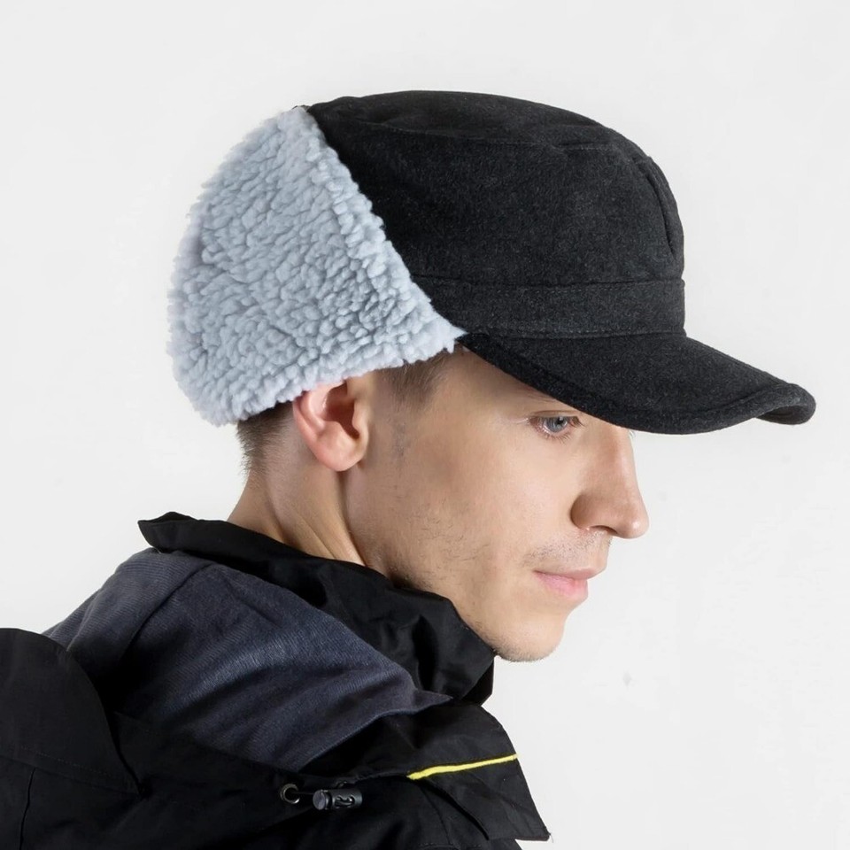 Wool Baseball Hat with Visor and Ear Flaps Winter Warm Cap for Men ...