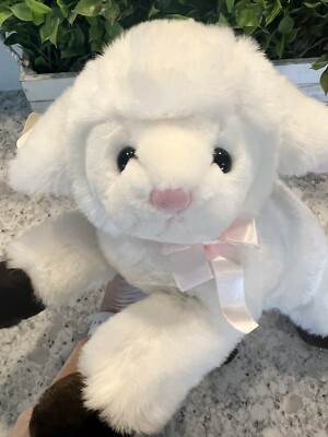 Vtg MARY MEYER Sheep lamb plush toy SUPER soft/fuzzy white pink bow ...